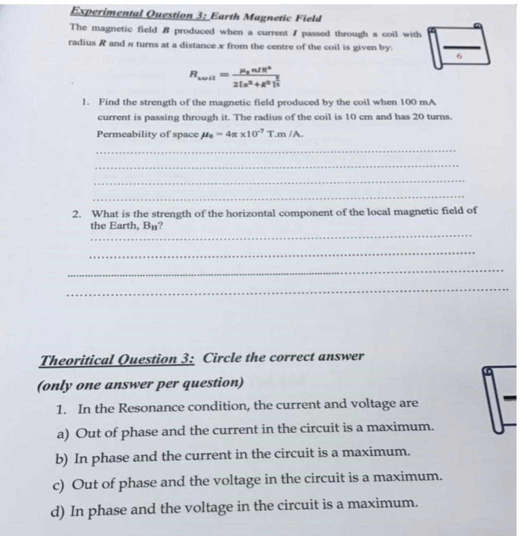 Experimental Question 3: Earth Magnetic Field The | Chegg.com
