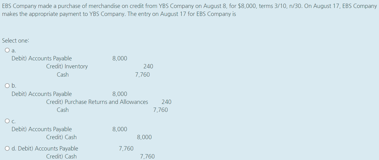 Solved EBS Company made a purchase of merchandise on credit | Chegg.com