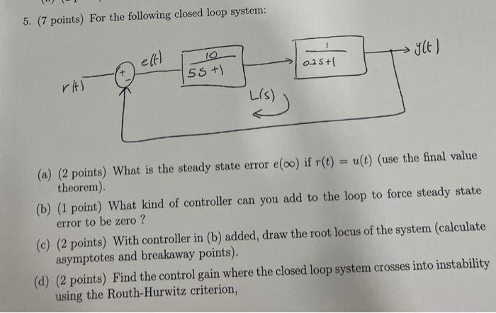Solved 5. (7 points) For the following closed loop system: | Chegg.com