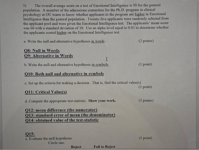 Solved 3) The overall average score on a test of Emotional | Chegg.com