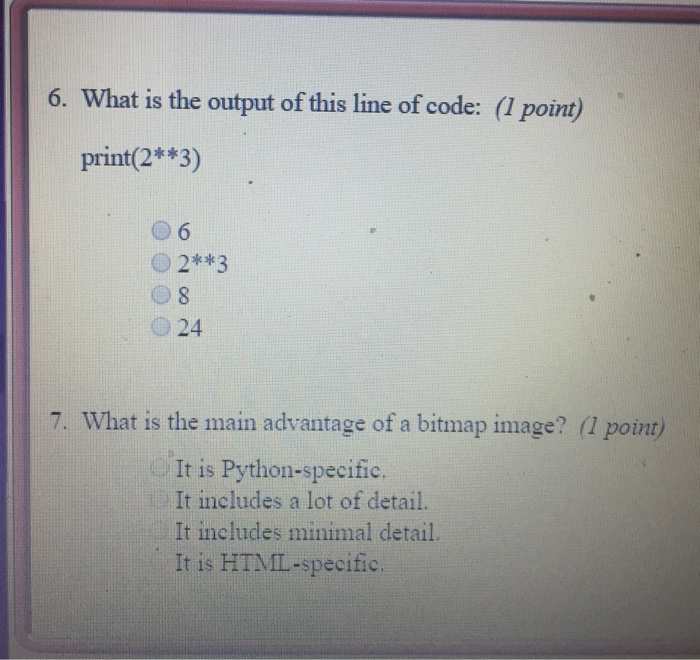 Solved 1. What is the output of this line of code: (1 point) | Chegg.com