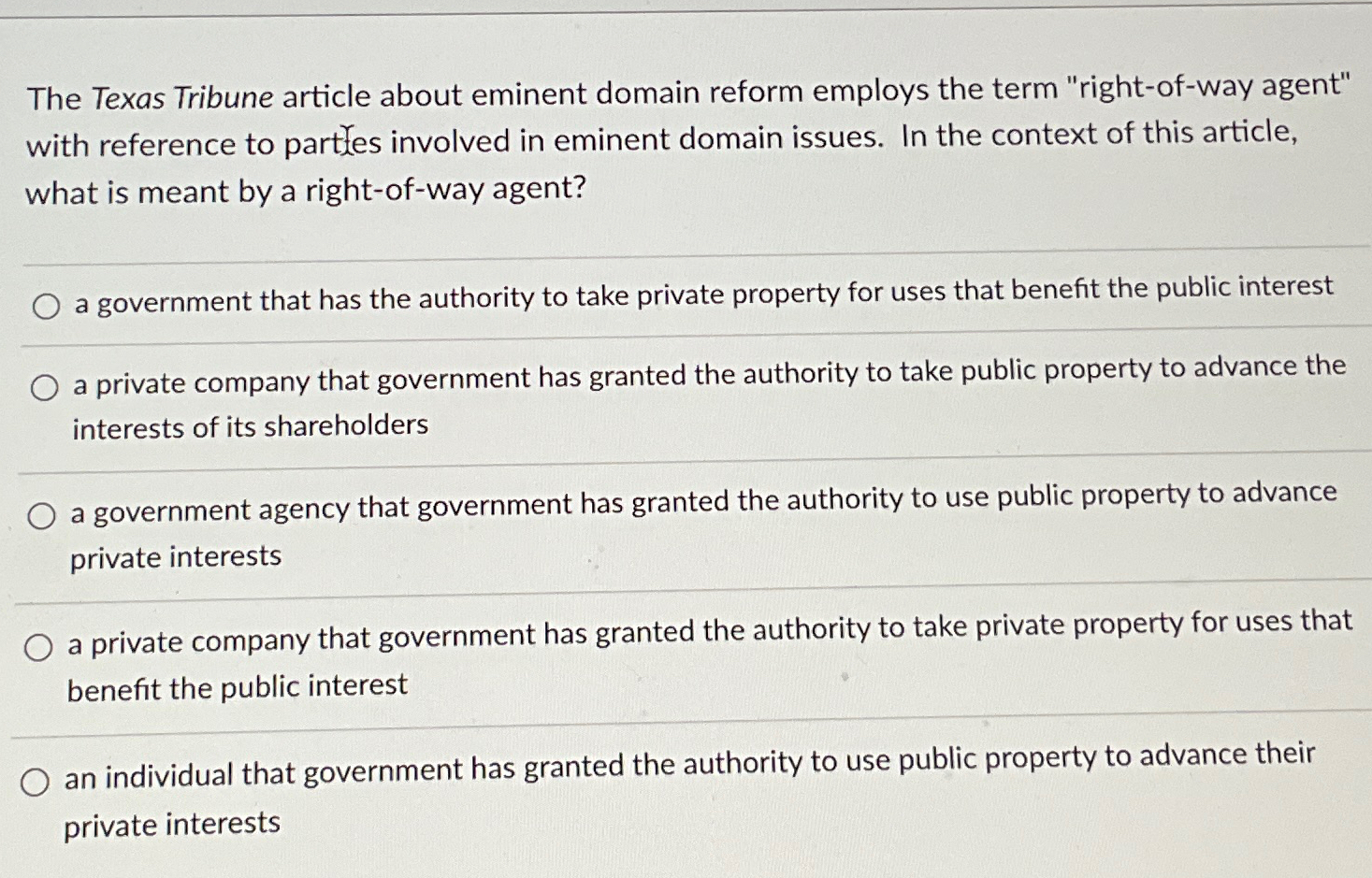 Solved The Texas Tribune article about eminent domain reform | Chegg.com