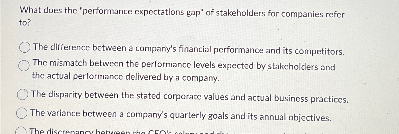 Solved What does the "performance expectations gap" of | Chegg.com