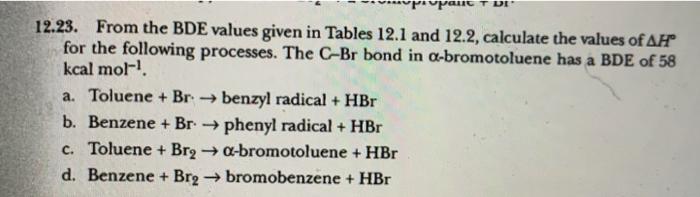 Solved 12.23. From the BDE values given in Tables 12.1 and | Chegg.com