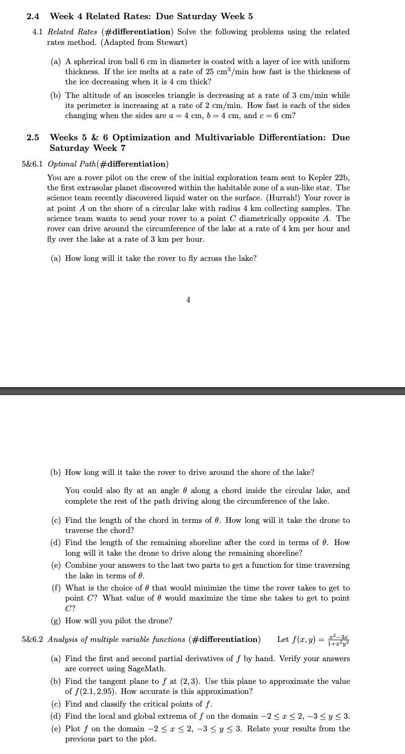 Solved 2.4 ﻿Week 4 ﻿Related Rates: Due Saturday Week 54.1 | Chegg.com