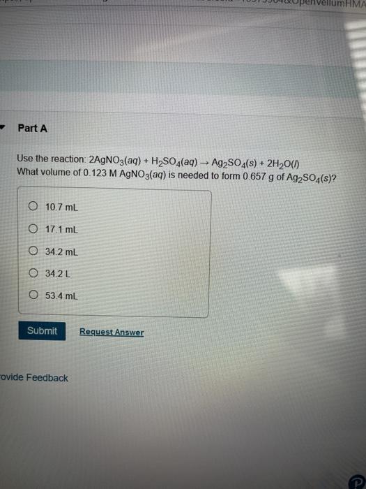 Solved Part A Use the reaction: 2AgNO3(aq) + H2SO4(aq) - | Chegg.com