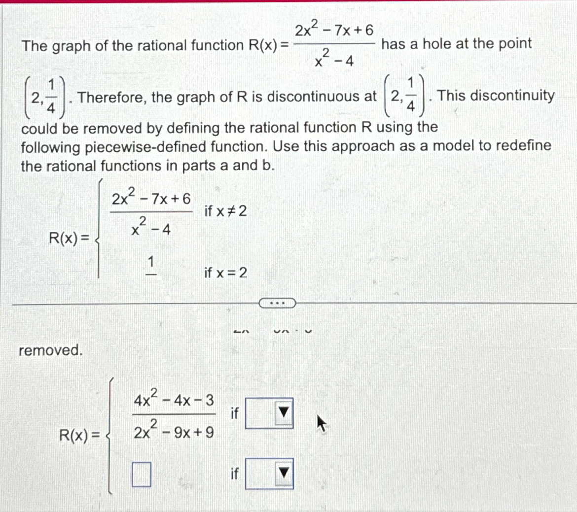 Solved The graph of the rational function R(x)=2x2-7x+6x2-4 | Chegg.com