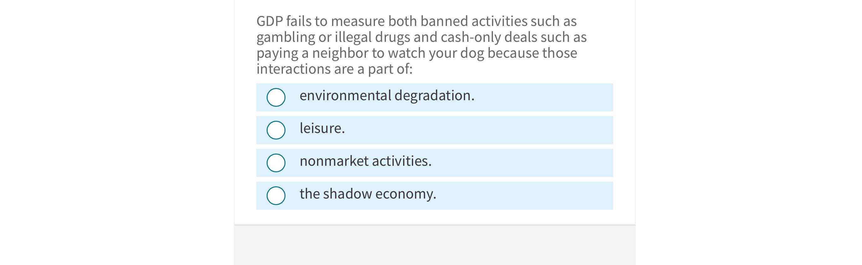 Solved GDP fails to measure both banned activities such as | Chegg.com