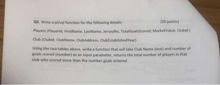 Solved Q5. Write a pl/sql function for the following | Chegg.com
