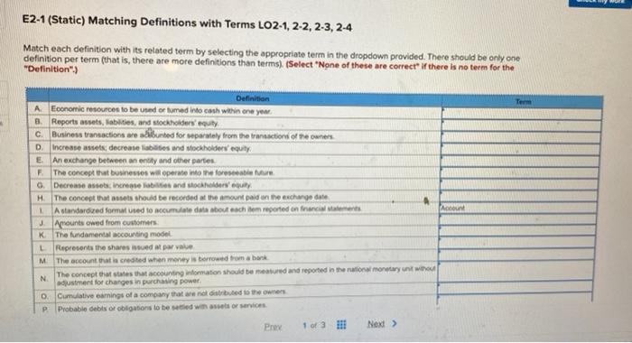 Solved E2-1 (Static) Matching Definitions with Terms LO2-1, | Chegg.com