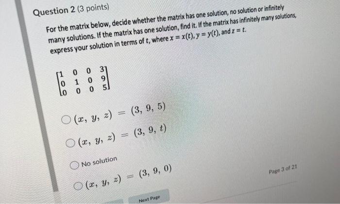 Solved Question 2 (3 points) For the matrix below, decide | Chegg.com