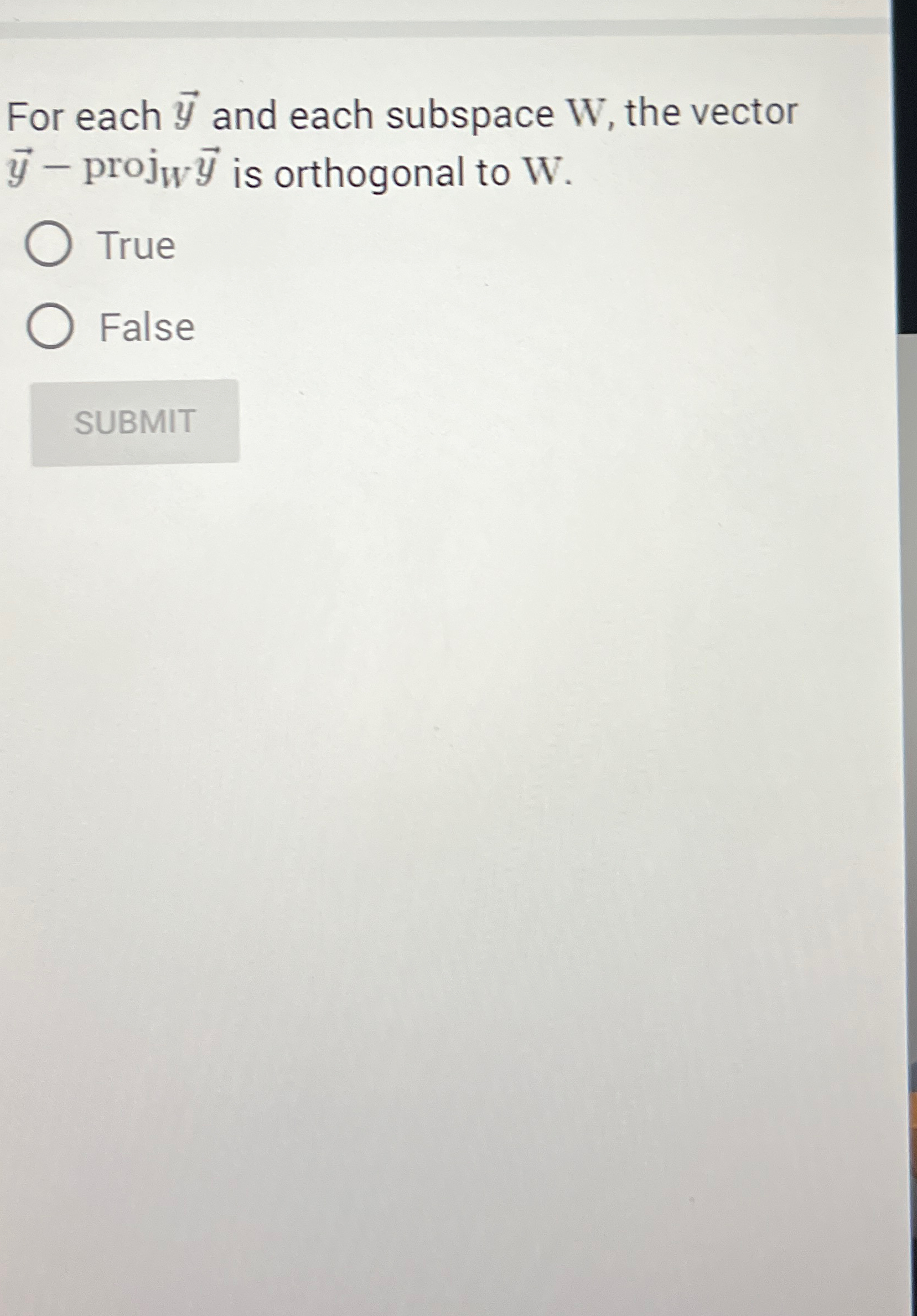 Solved For each vec(y) ﻿and each subspace W, ﻿the vector | Chegg.com