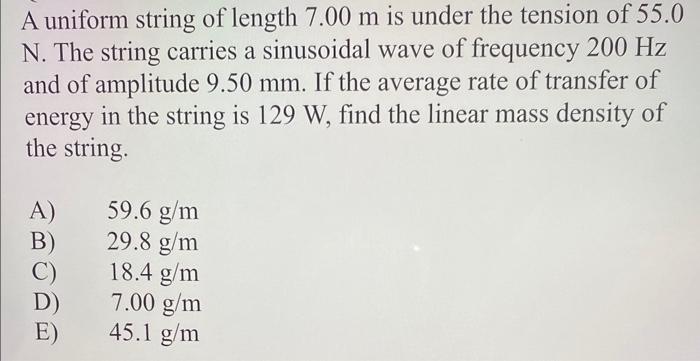 Solved A uniform string of length 7.00 m is under the | Chegg.com