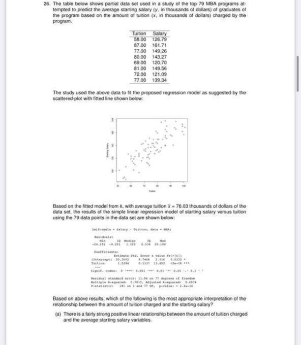 Solved 26. The table below shows partial data set used in a | Chegg.com
