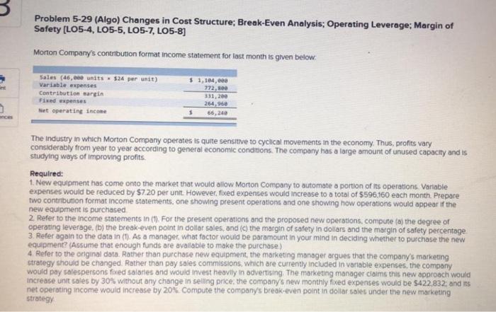 Solved Problem 5-29 (Algo) Changes in Cost Structure; | Chegg.com