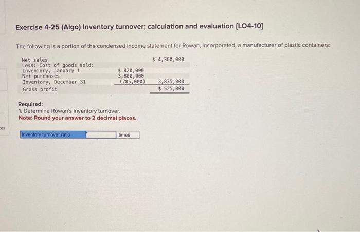 Solved Exercise 4-25 (Algo) Inventory turnover; calculation | Chegg.com