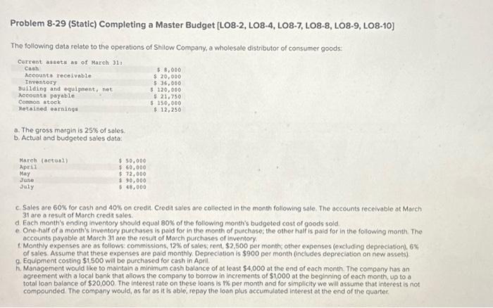 Solved Problem 8-29 (Static) Completing a Master Budget | Chegg.com