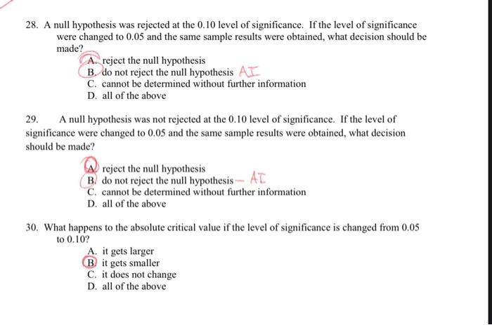 Solved 28. A null hypothesis was rejected at the 0.10 level | Chegg.com