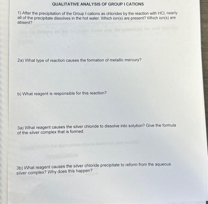 Solved QUALITATIVE ANALYSIS OF GROUP I CATIONS 1) After the | Chegg.com