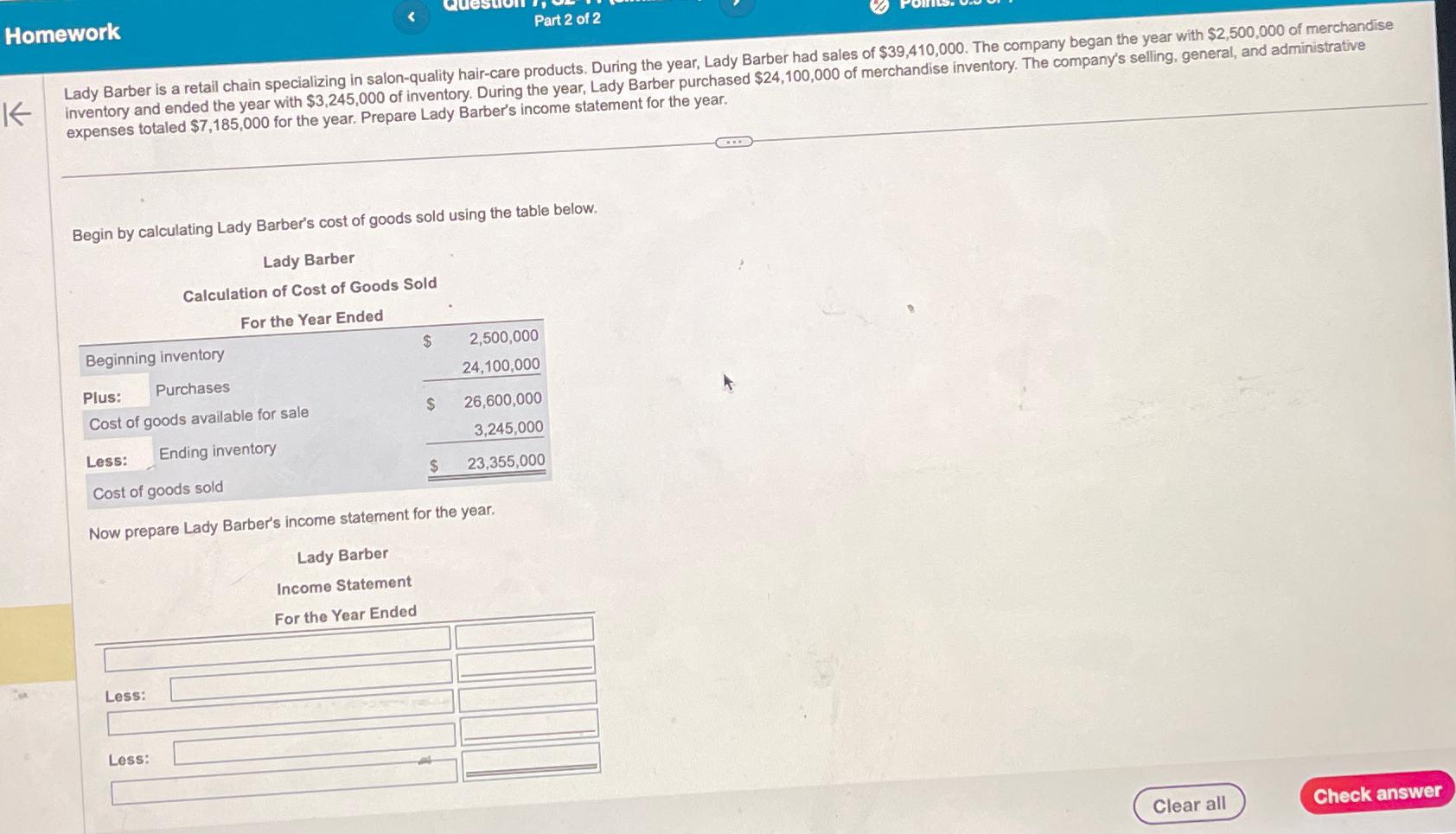 Solved HomeworkPart 2 ﻿of 2expenses totaled $7,185,000 ﻿for | Chegg.com