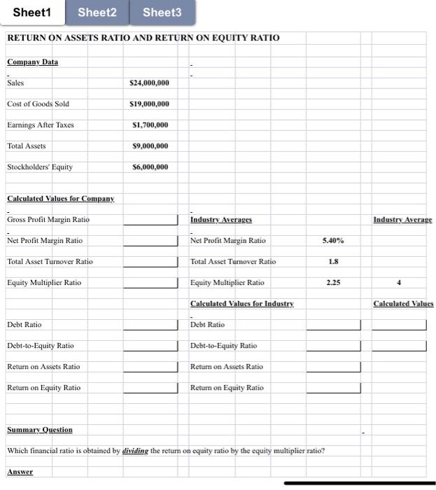 Solved Sheet1 Sheet2 Sheet 3 RETURN ON ASSETS RATIO AND | Chegg.com