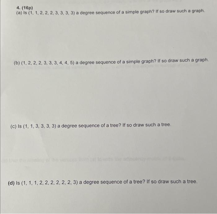 Solved 4. (16p) (a) Is (1,1,2,2,2,3,3,3,3) a degree sequence | Chegg.com