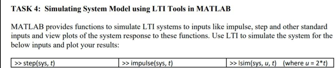 Solved TASK 4: Simulating System Model using LTI Tools in | Chegg.com
