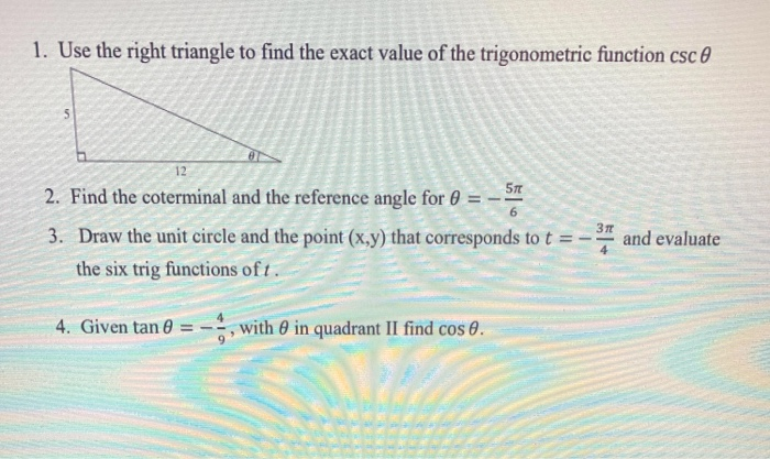 Solved 1. Use the right triangle to find the exact value of | Chegg.com