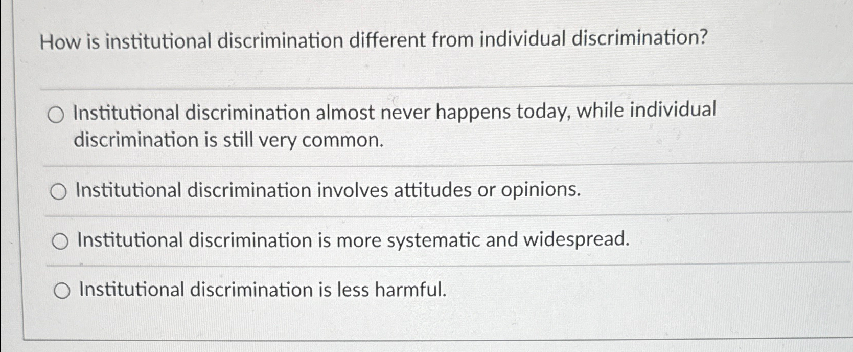 Solved How is institutional discrimination different from | Chegg.com