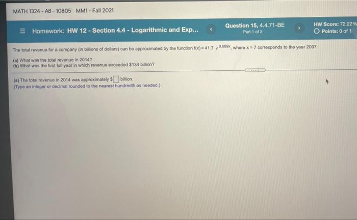 Solved MATH 1324 - A8 - 10805 - MM1 - Fall 2021 = Homework: | Chegg.com