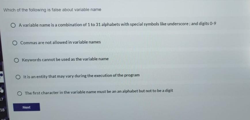 Solved Which of the following is false about variable name O | Chegg.com