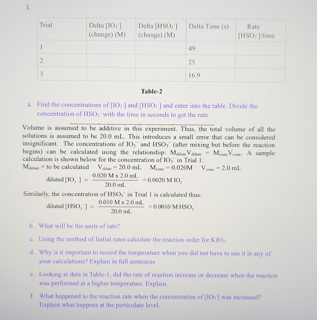 Solved 1. Trial Delta Time (s) Delta [103] (change) (M) | Chegg.com