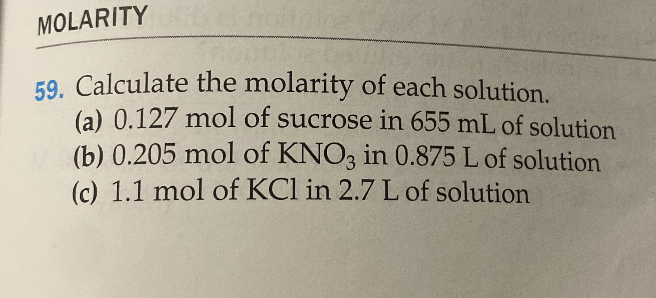 Solved MOLARITY59. ﻿Calculate the molarity of each | Chegg.com