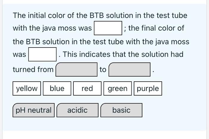 Solved The initial color of the BTB solution in the test | Chegg.com