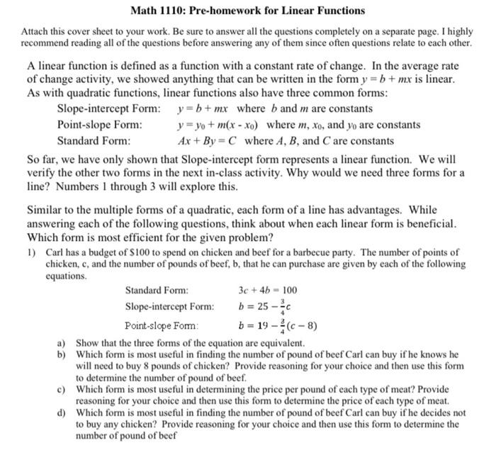 Solved Math 1110: Pre-homework for Linear Functions Attach | Chegg.com