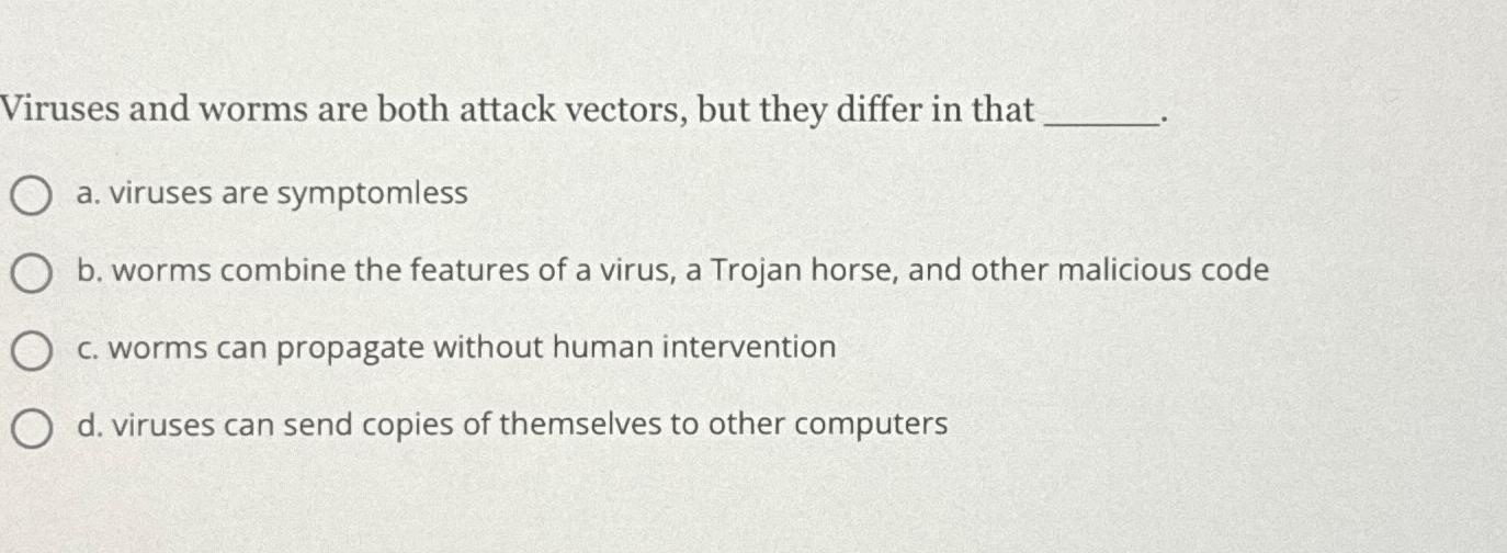 Solved Viruses and worms are both attack vectors, but they | Chegg.com