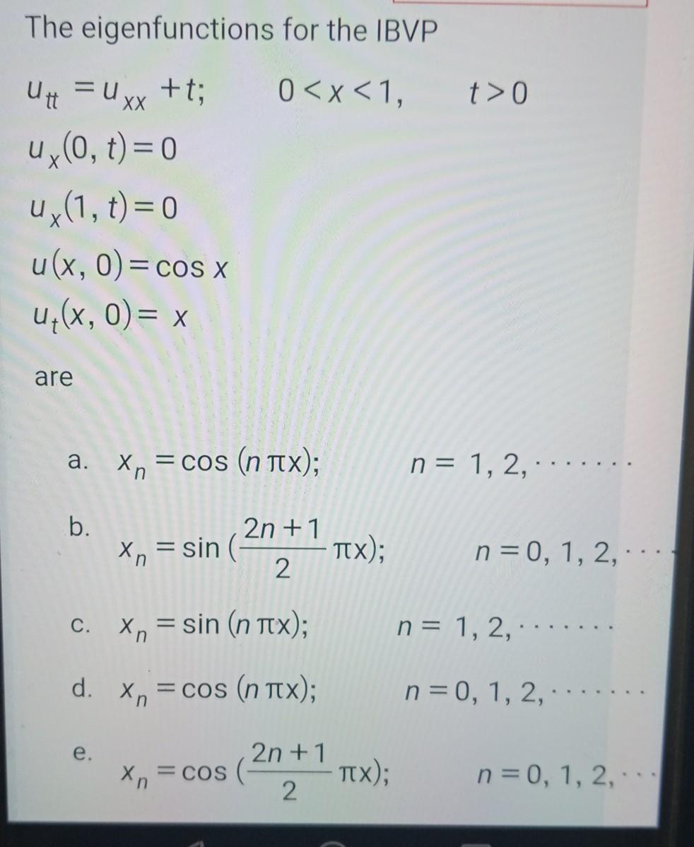 Solved The eigenfunctions for the IBVP 0O Ut = Uxx +t; ux(0, | Chegg.com