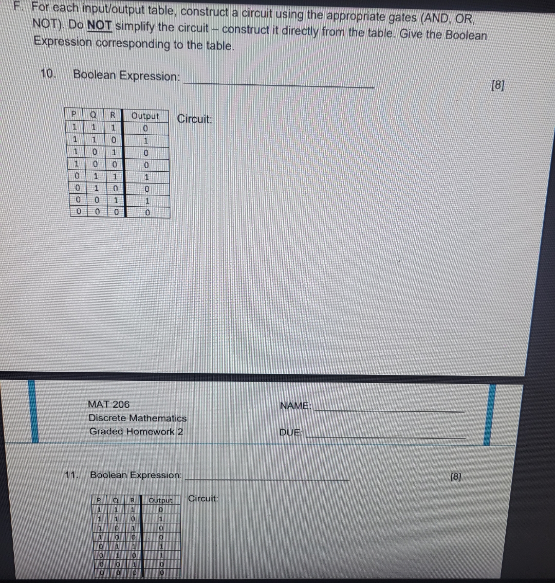 F. ﻿For each input/output table, construct a circuit | Chegg.com