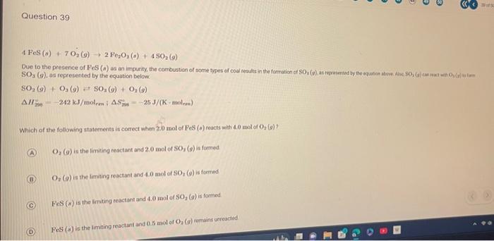 Solved 4FeS(s)+7O2(g)→2Fe2O2(s)+4SO2(g) SO3(g), os | Chegg.com