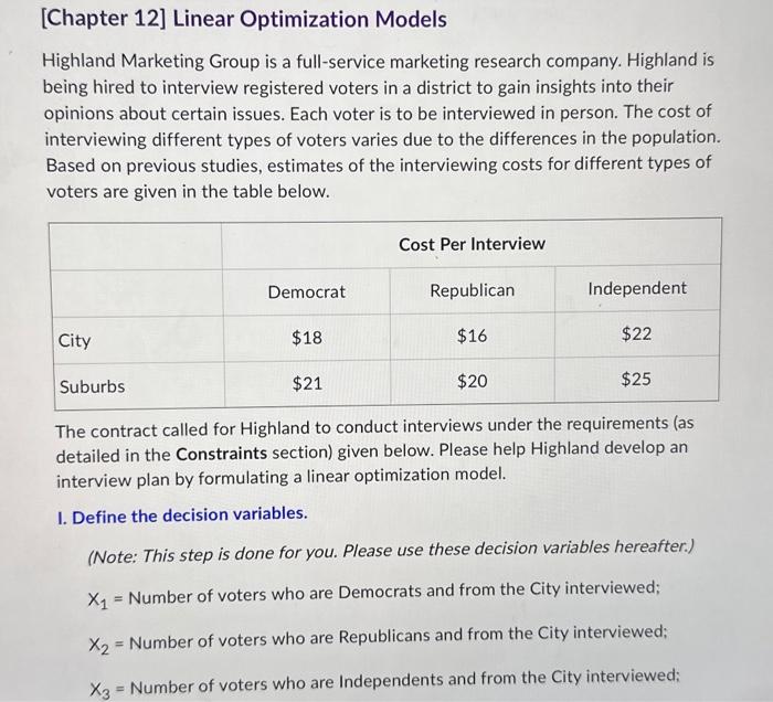 Solved [Chapter 12] Linear Optimization Models Highland | Chegg.com