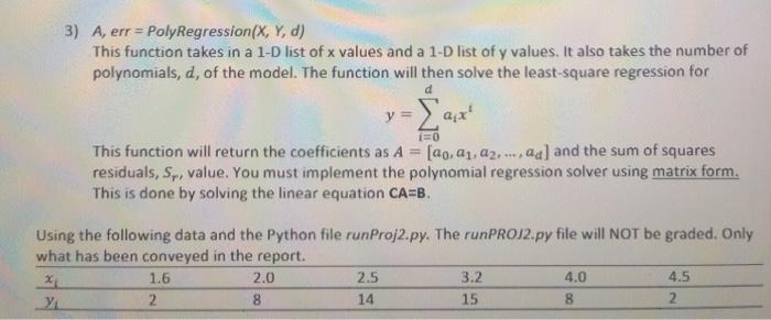 Solved 3) A, err = PolyRegression(X, Y, d) This function | Chegg.com