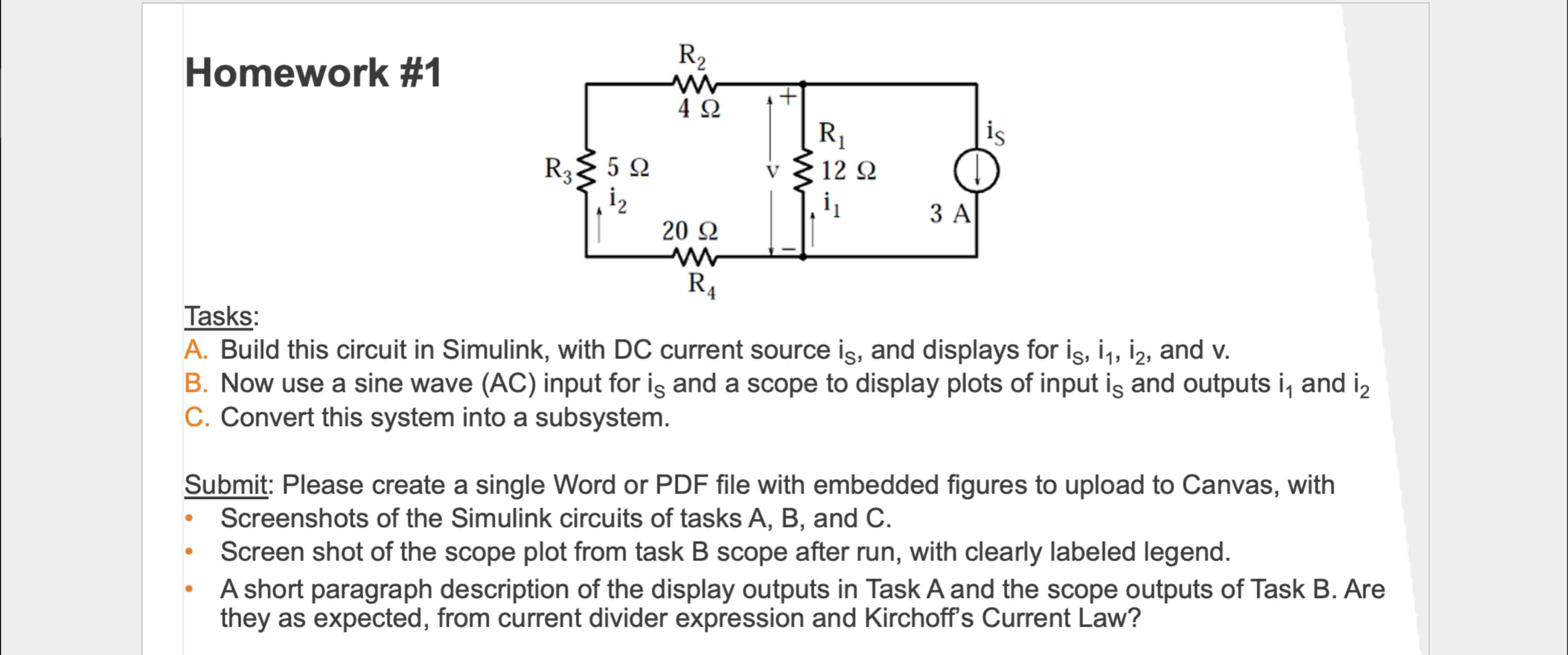 Homework \#1Tasks:A. ﻿Build this circuit in Simulink, | Chegg.com