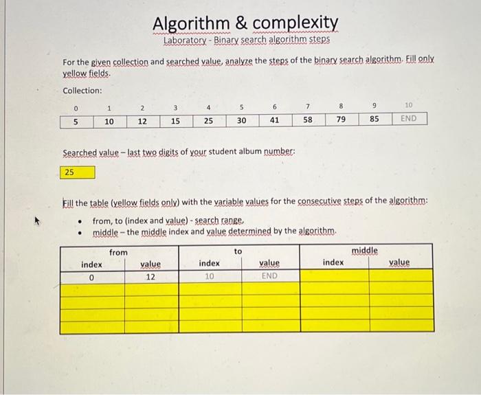 Solved For the giyen collection and searched value, analyze | Chegg.com