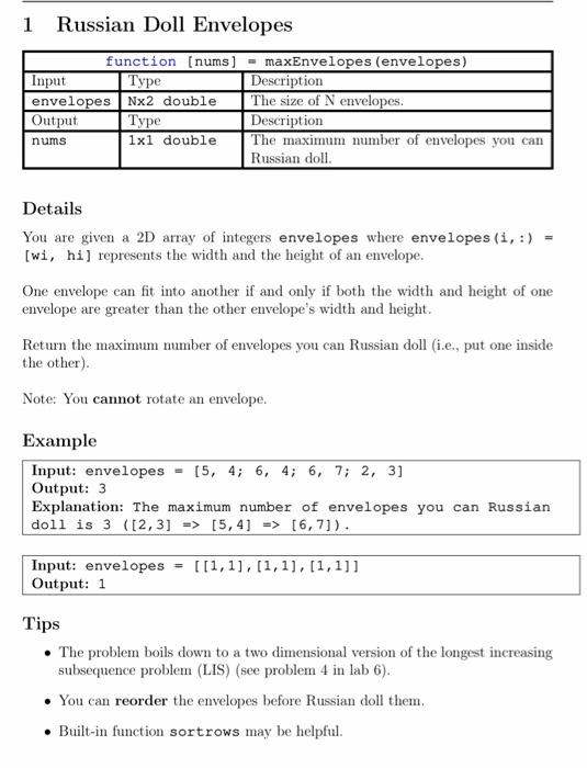 Solved Russian Doll Envelopes function (nums) maxEnvelopes | Chegg.com