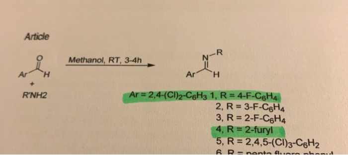 Solved Article Methanol, RT, 3-4h Ar H R'NH2 Ar= | Chegg.com