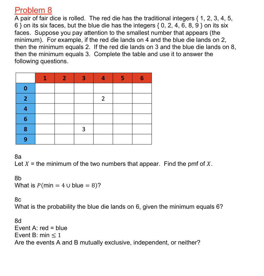 [Solved]: Problem 8 A pair of fair dice is rolled. The red d