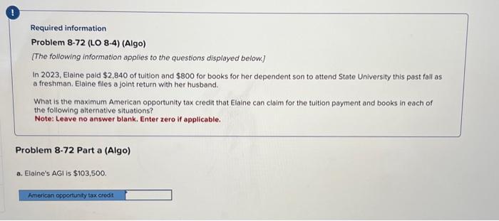 Solved Required information Problem 8-72 (LO 8-4) (Algo) | Chegg.com