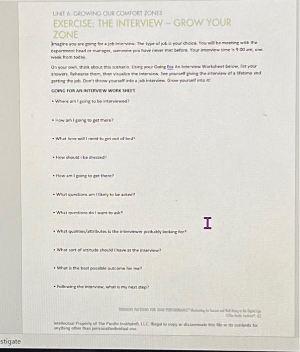 Solved -stigate UNIT 6 GROWING OUR COMFORT ZONES EXERCISE: | Chegg.com