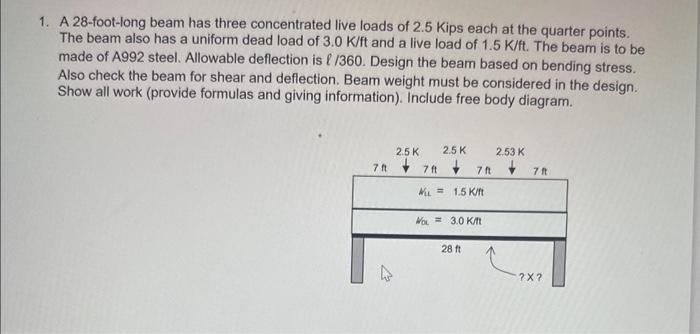 Solved 1. A 28 -foot-long beam has three concentrated live | Chegg.com
