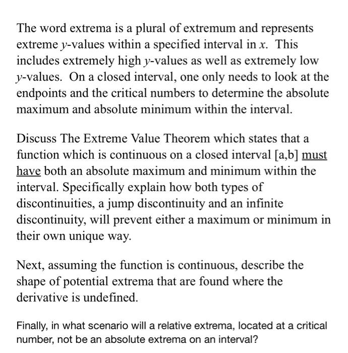Solved The word extrema is a plural of extremum and | Chegg.com